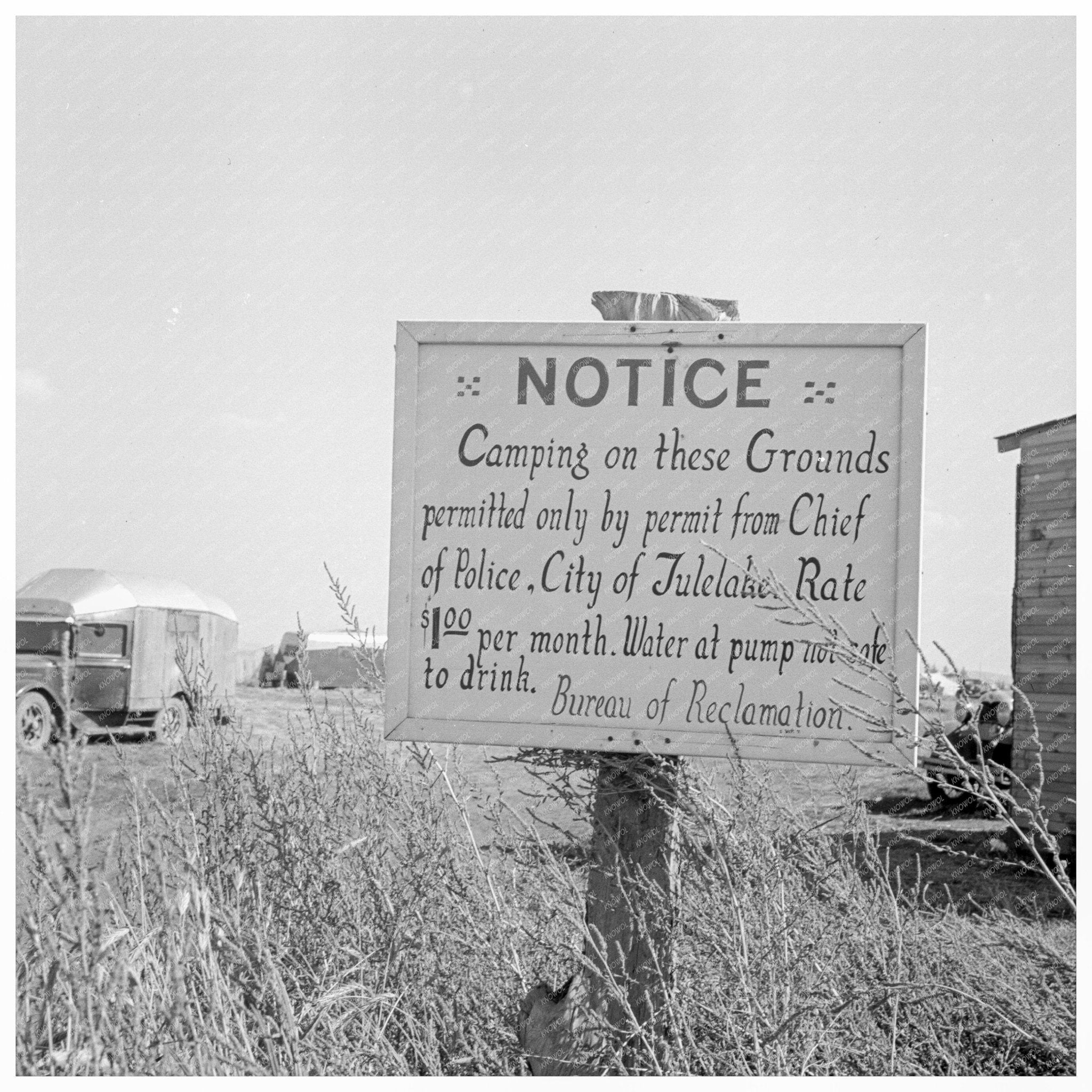 Tulelake Camp Sign Opposite Potato Packing Sheds 1939 – KNOWOL